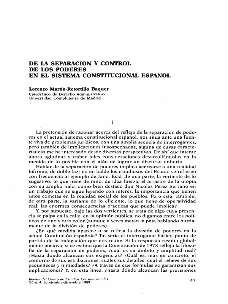 De La Separación Y Control De Los Poderes En El Sistema Constitucional