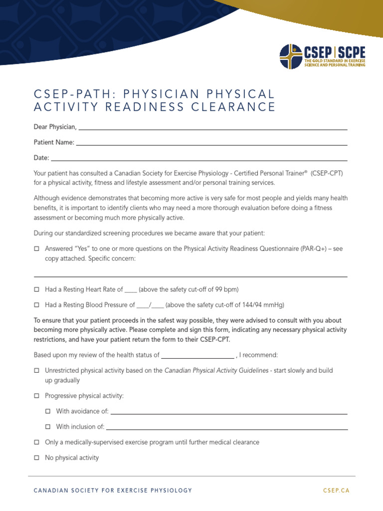 Physician Clearance Form CSEP CPT | PDF | Physical Fitness | Clinical ...
