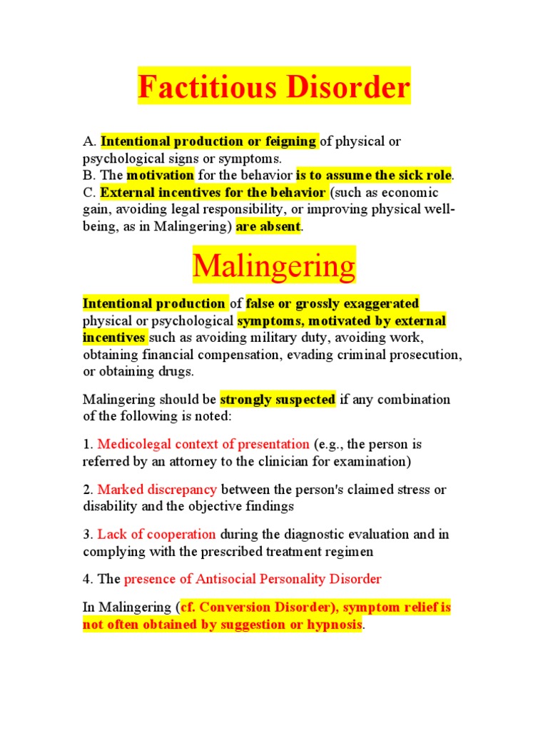 Malingering vs. Factitious Disorder Explained | PDF | Lifestyle