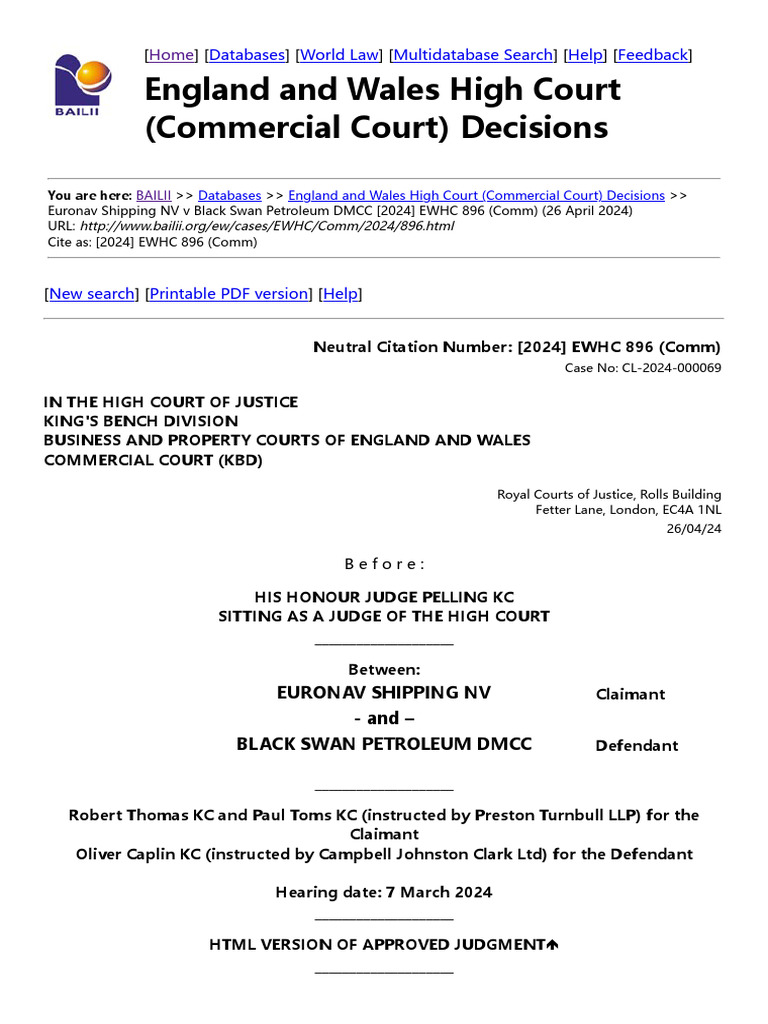 Euronav Shipping NV V Black Swan Petroleum DMCC (2024) EWHC 896 (Comm ...