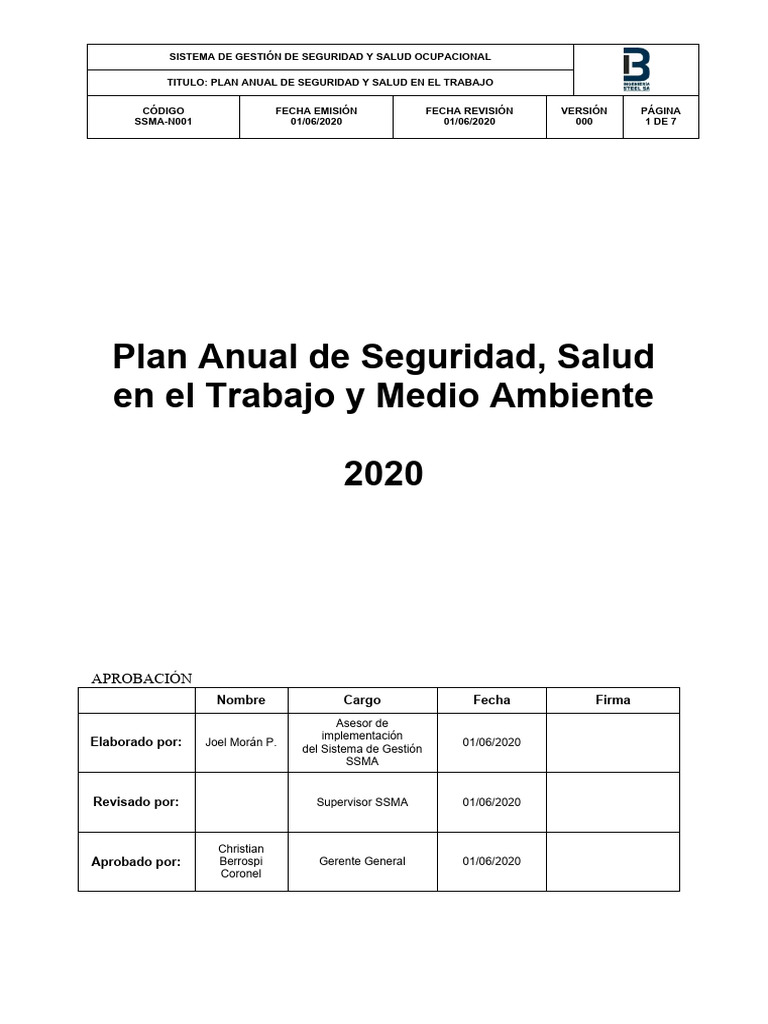 SSMA-N001 - PLAN ANUAL DE SEGURIDAD Y SALUD EN EL TRABAJO 2020 | PDF | Seguridad y salud ...