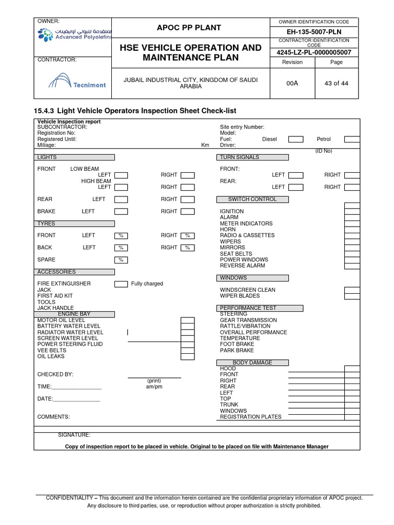 Light Vehicle Operators Inspection Sheet Check-List | PDF | Vehicles ...