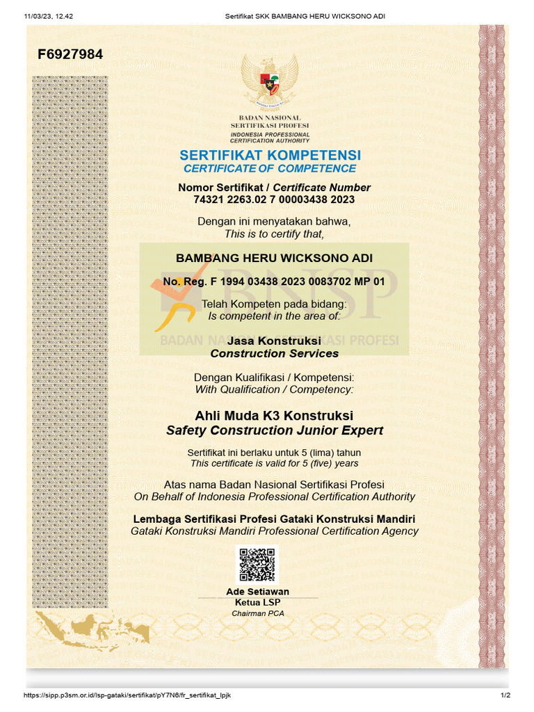 Sertifikat SKK Bambang Heru Wicksono Adi k3 | PDF