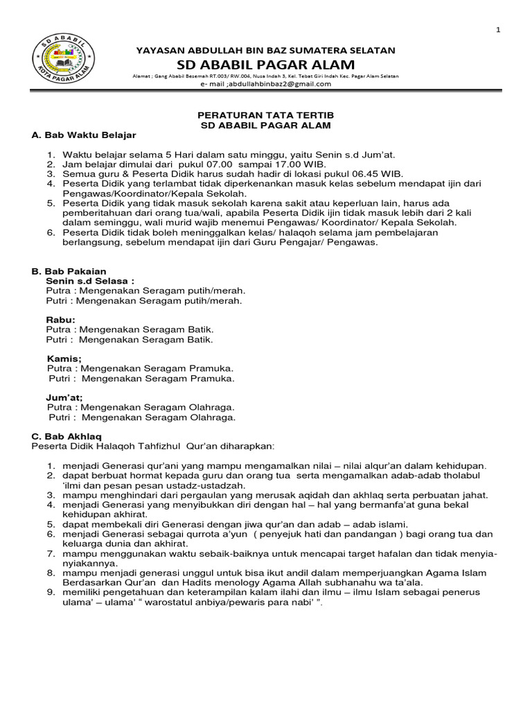Peraturan Tata Tertib Peserta Didik SD Ababil Pagar Alam 2023 | PDF