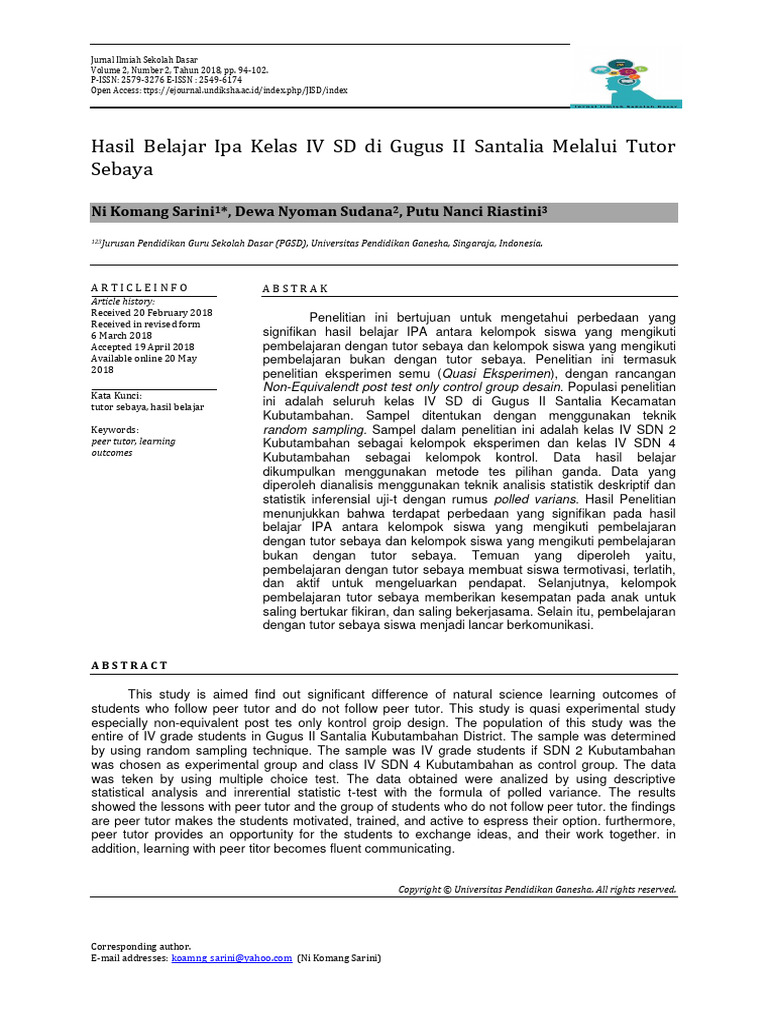 Hasil Belajar Ipa Kelas IV SD Di Gugus II Santalia Melalui Tutor Sebaya ...