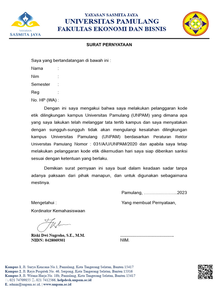 Surat Pernyataan Pelanggaran Kode Etik | PDF