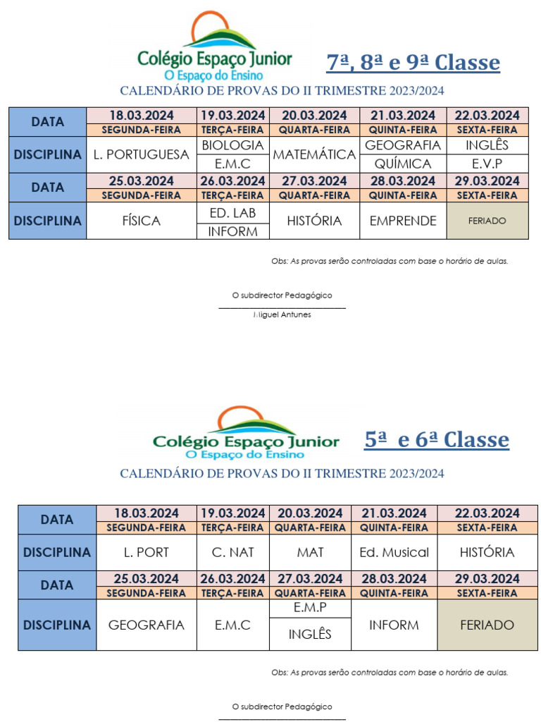 Calendário de Provas 2023-2024 | PDF | Ciências naturais