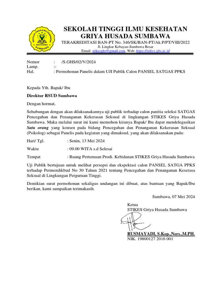 Surat Permohonan Panelis Uji Publik RSUD | PDF