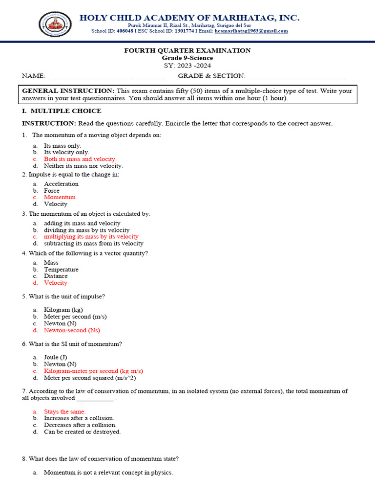Grade 9 Science Exam: Momentum & Energy | PDF | Momentum | Kinetic Energy