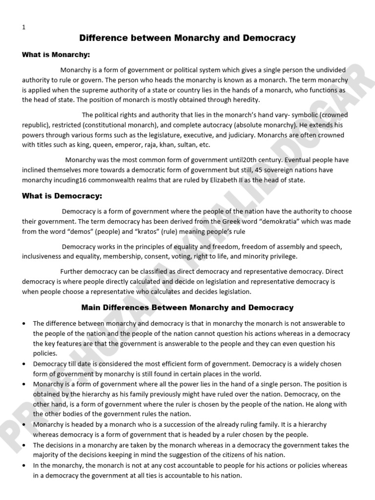Difference Between Monarchy and Democracy | PDF | Monarchy | Democracy