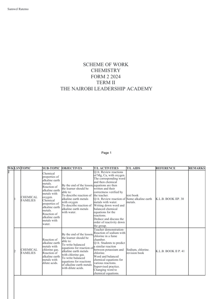 Chemistry Form 2 Schemes of Work | PDF | Chemical Bond | Chlorine