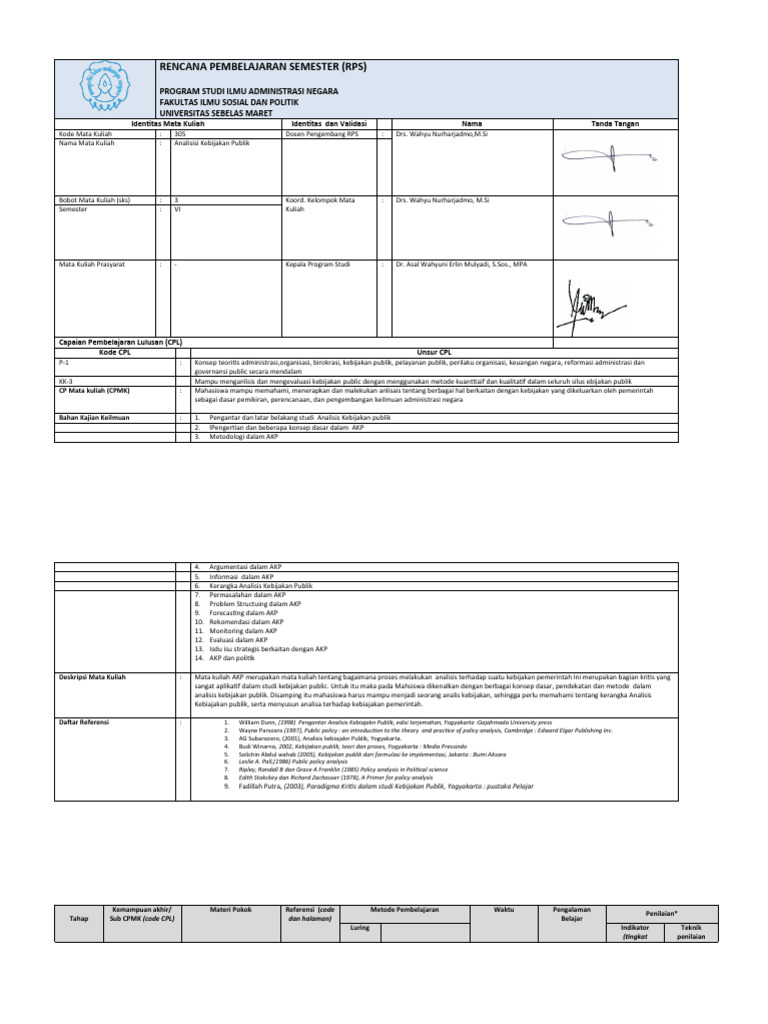 RPS Analisis Kebijakan Publik UNS | PDF | Komputer