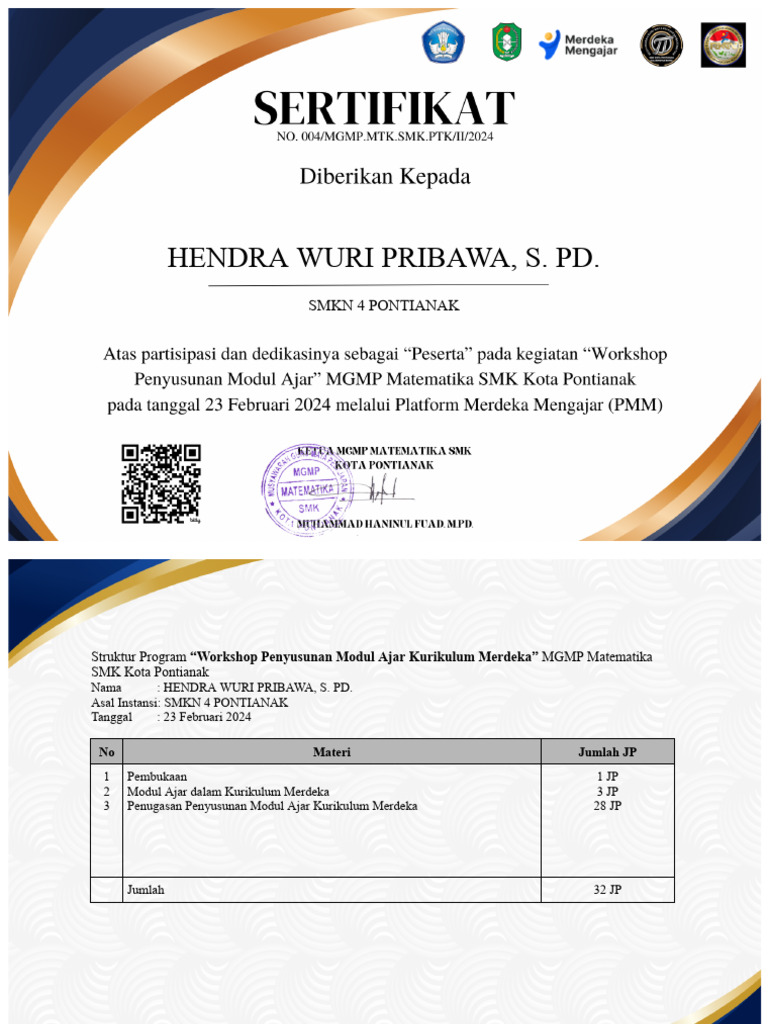 Sertifikat Workshop Penyusunan Modul Ajar HENDRA WURI PRIBAWA, S. PD. | PDF