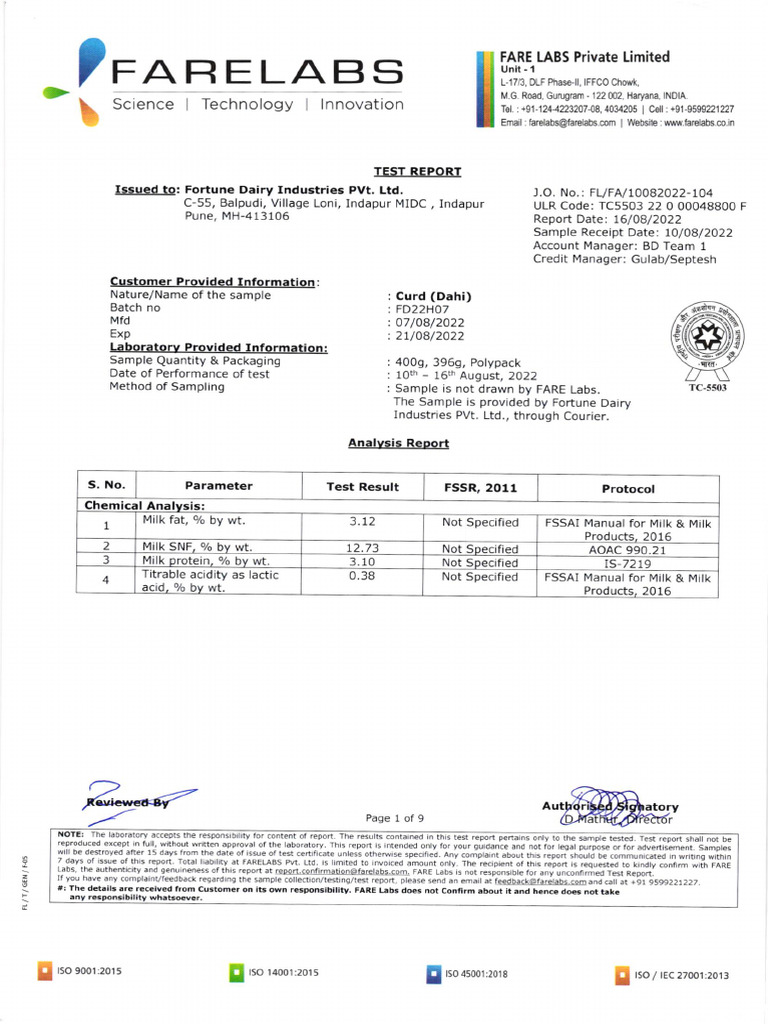 8 TR Curd (Dahi) (-104) FL 16.08.2022 | PDF | Chemical Substances ...