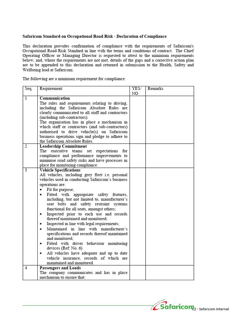 Occupational Road Risk Declaration of Compliance | PDF | Regulatory ...