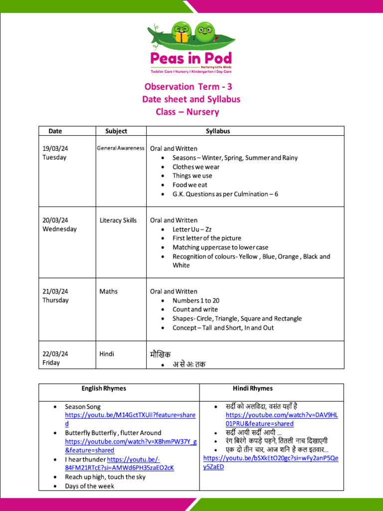 Term 3 Nursery Syllabus and Datesheet | PDF
