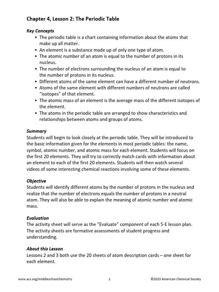 ch4-l2-lesson-plan | PDF | Chemical Elements | Atoms