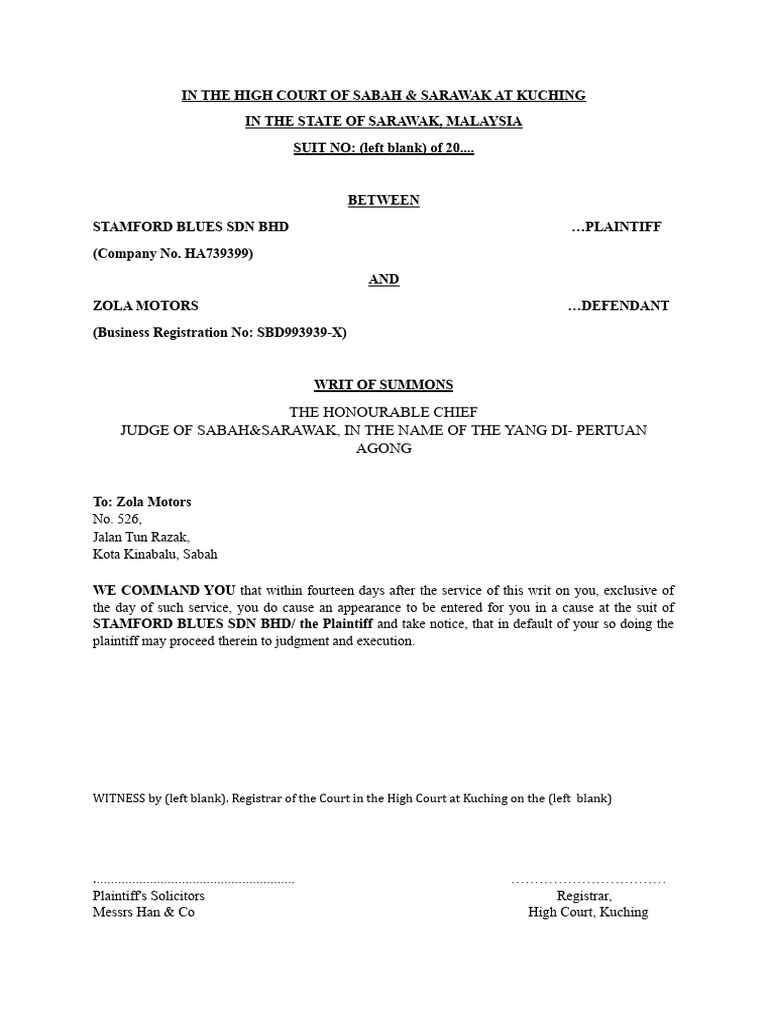 Writ of Summons | PDF | Summons | Writ