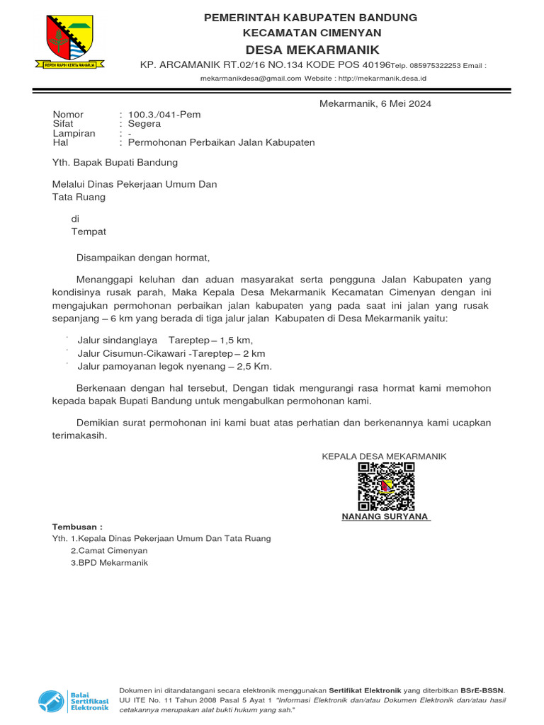 Permohonan Perbaikan Jalan Kabupaten | PDF
