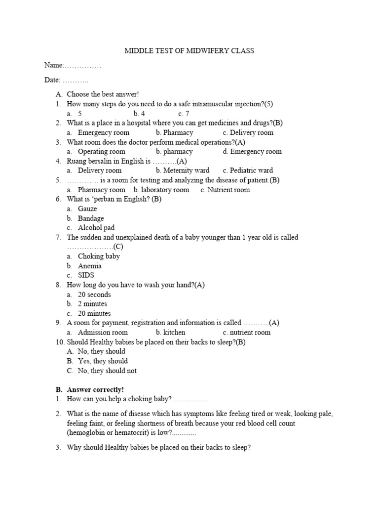 Midwifery Class Middle Test Questions | PDF