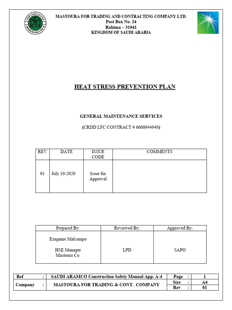 HEAT STRESS PLAN July 2020 | PDF | Hyperthermia | Occupational Safety ...