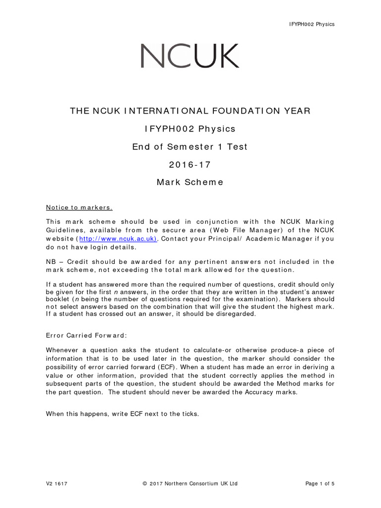 NCUK IFYPH002 Physics Mark Scheme | PDF | Amplitude | Force