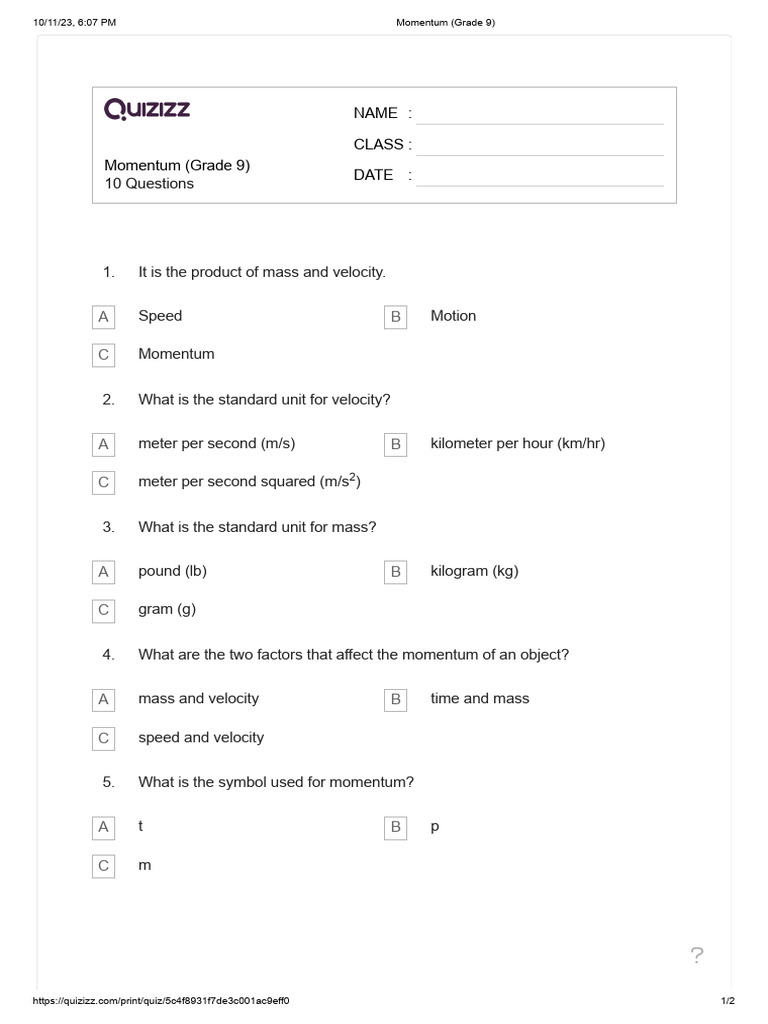 Momentum (Grade 9) | Download Free PDF | Momentum | Velocity
