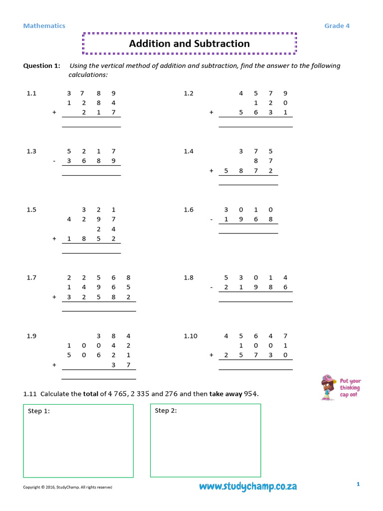 Gr4 Maths Ws Addition Subtraction | PDF | Mathematics | Arithmetic