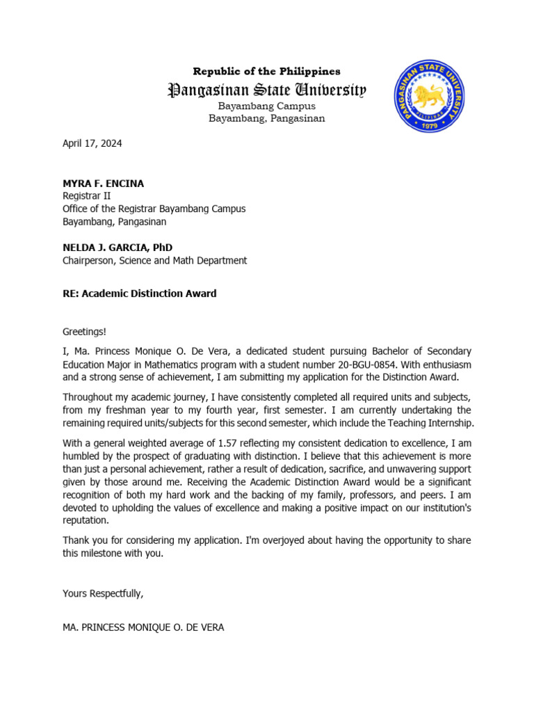 Application for Academic Distinction Award | PDF | Wellness