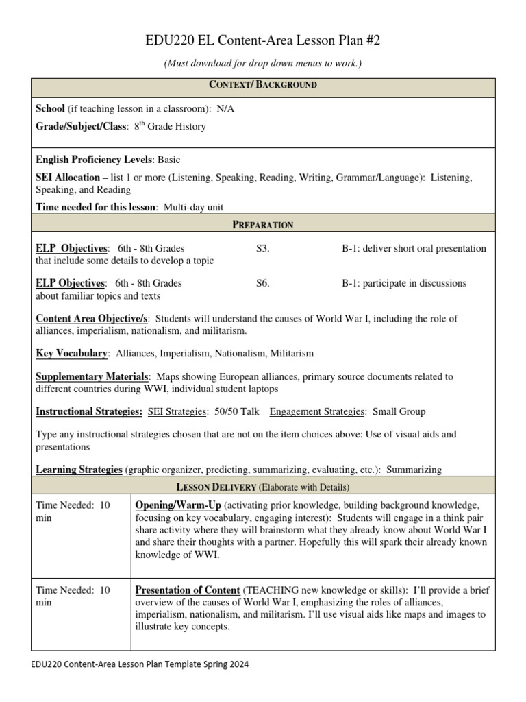 8th Grade History WWI Lesson Plan | PDF | Lesson Plan | Vocabulary