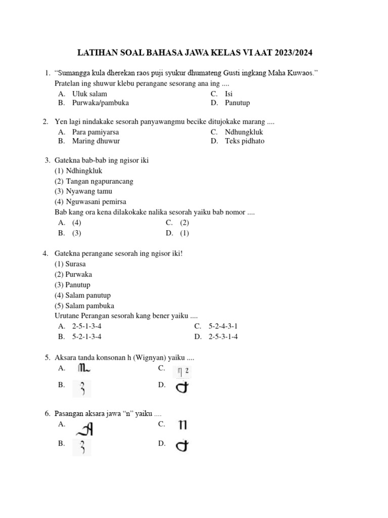LATIHAN SOAL BAHASA JAWA KELAS VI AAT 2023 | PDF