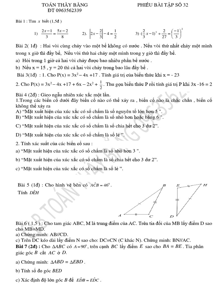 Toán 7 phiếu BTVN 32 | PDF