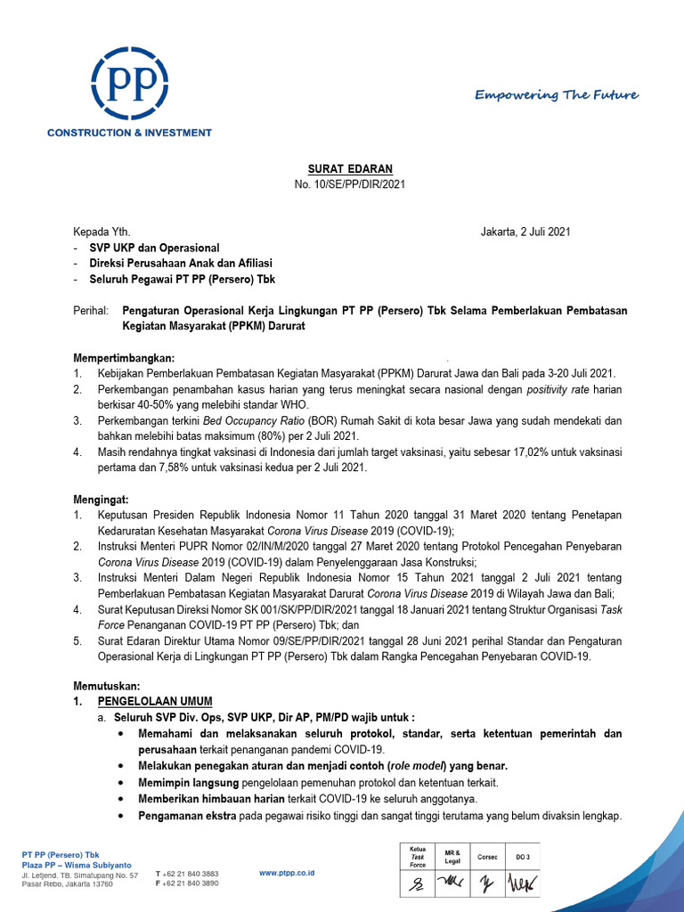 DU SE 10 2021 Pengaturan Operasional Kerja Di Lingkungan PTPP Selama ...