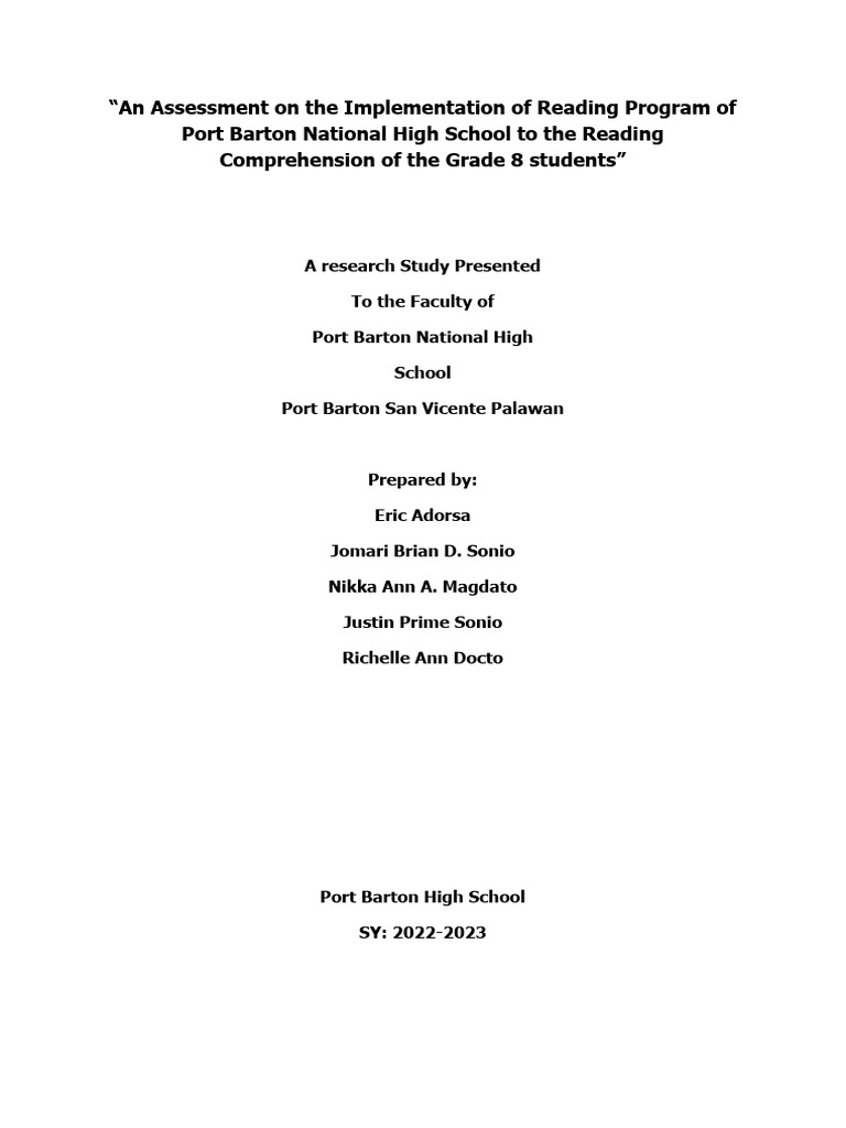 An Assessment On The Reading Program of Port Barton National High School To The Reading ...
