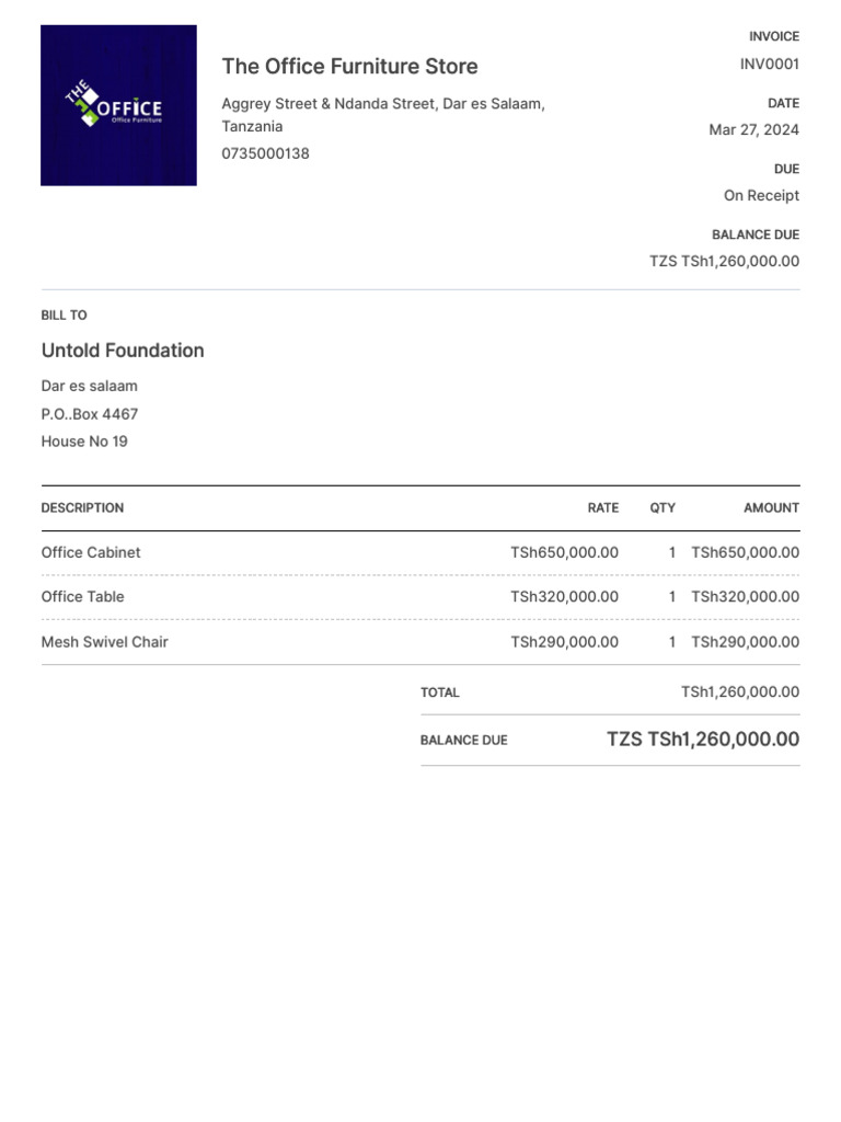 Invoice for Office Furniture Purchase | PDF