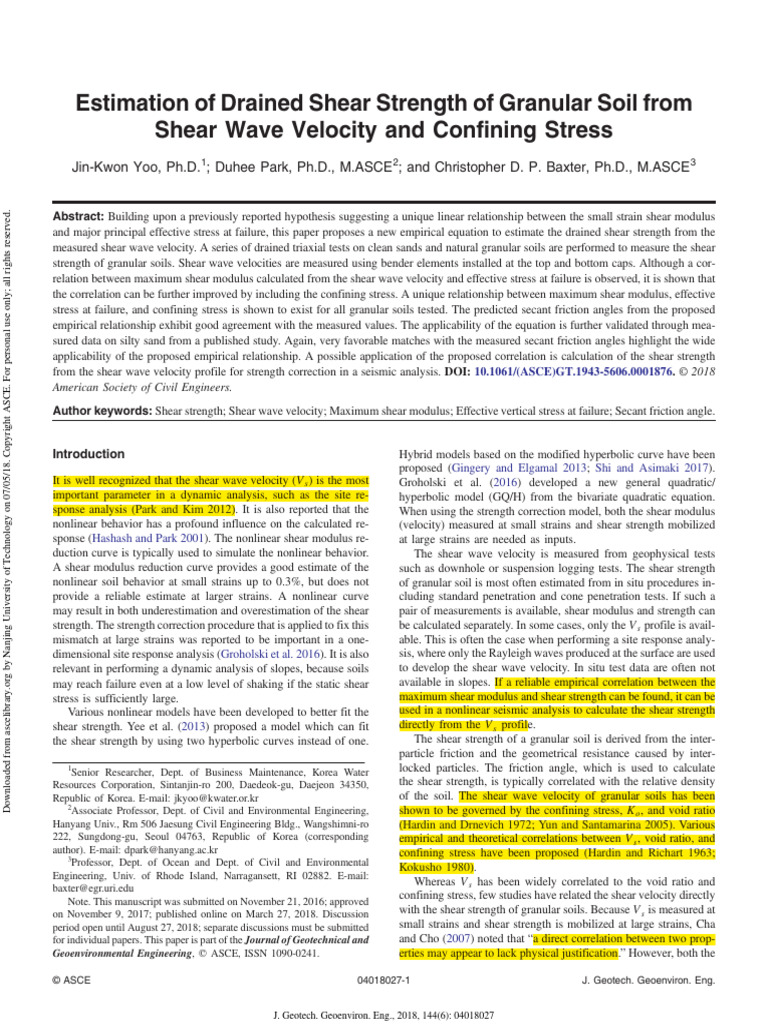 Estimation of Drained Shear Strength of Granular Soil From Shear Wave Velocity and Confining ...
