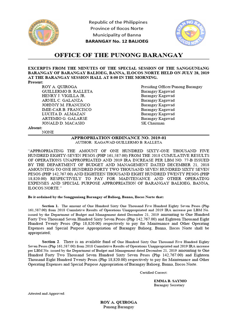 Barangay Balioeg Appropriation Ordinance | PDF | Economy Of Asia | Currency