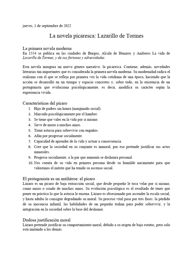La Novela Picaresca-Lazarillo de Tormes | PDF | Novelas