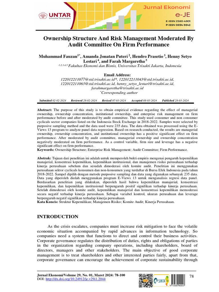 Ownership Structure and Risk Management Moderated by Audit Committee On Firm Performance | PDF ...