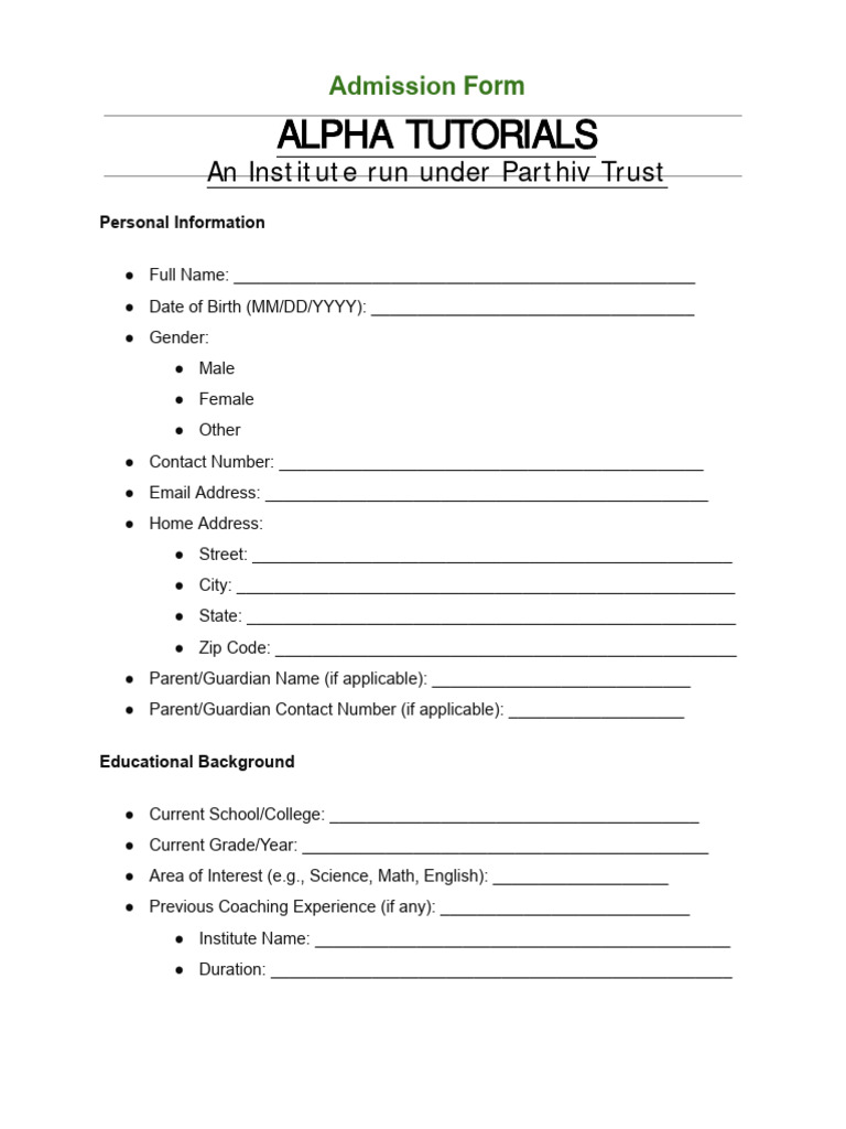 Admission Form for Alpha Tutorials | PDF | Career & Growth