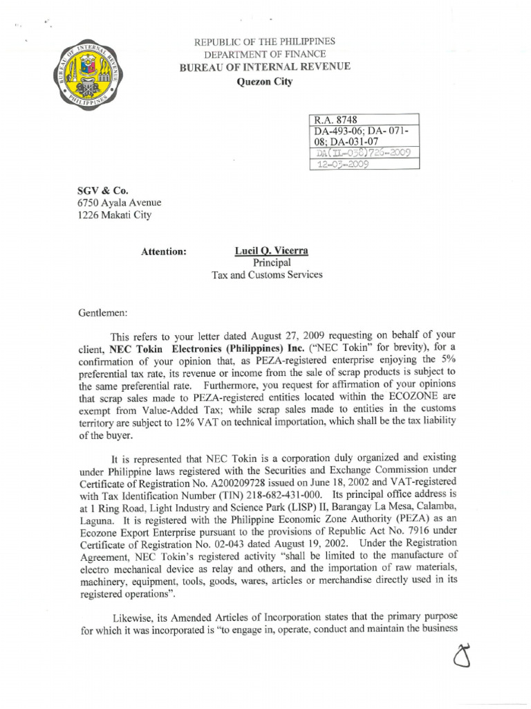 BIR Ruling-Scrap Sales EMD Technologies Philippines Inc-Formerly NEC ...