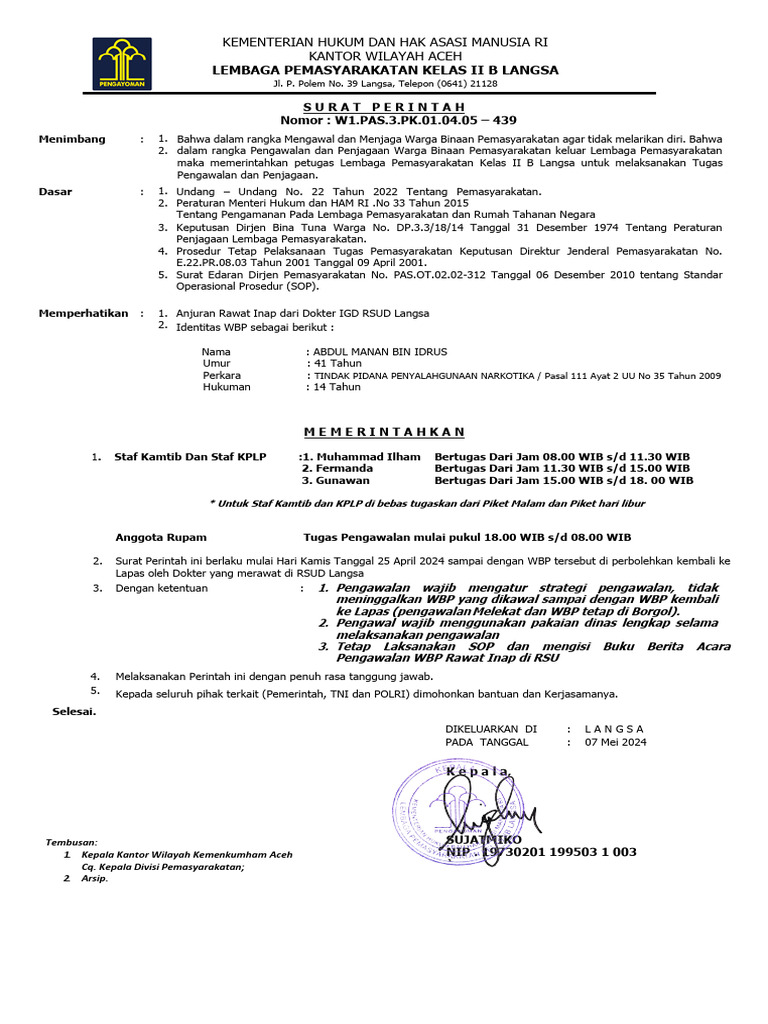 Sprint Rawat Inap WBP An. Abd Manan Pas | PDF