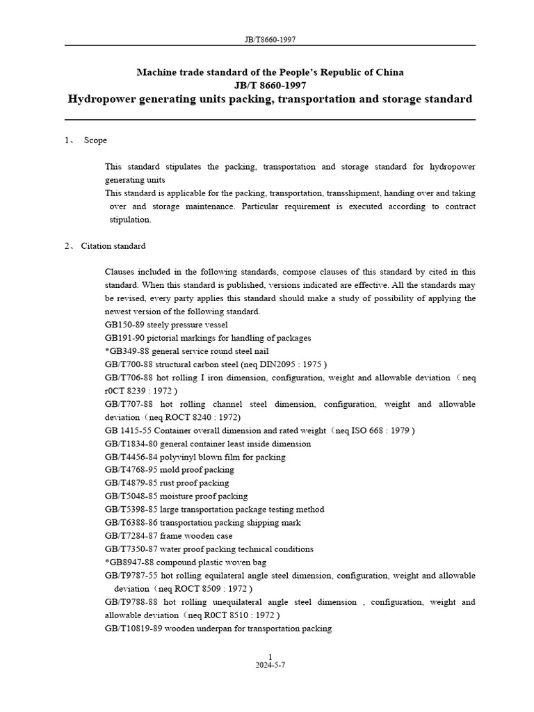 JBT8660-1997 - Hydropower Generating Units Packing, Transportation and ...