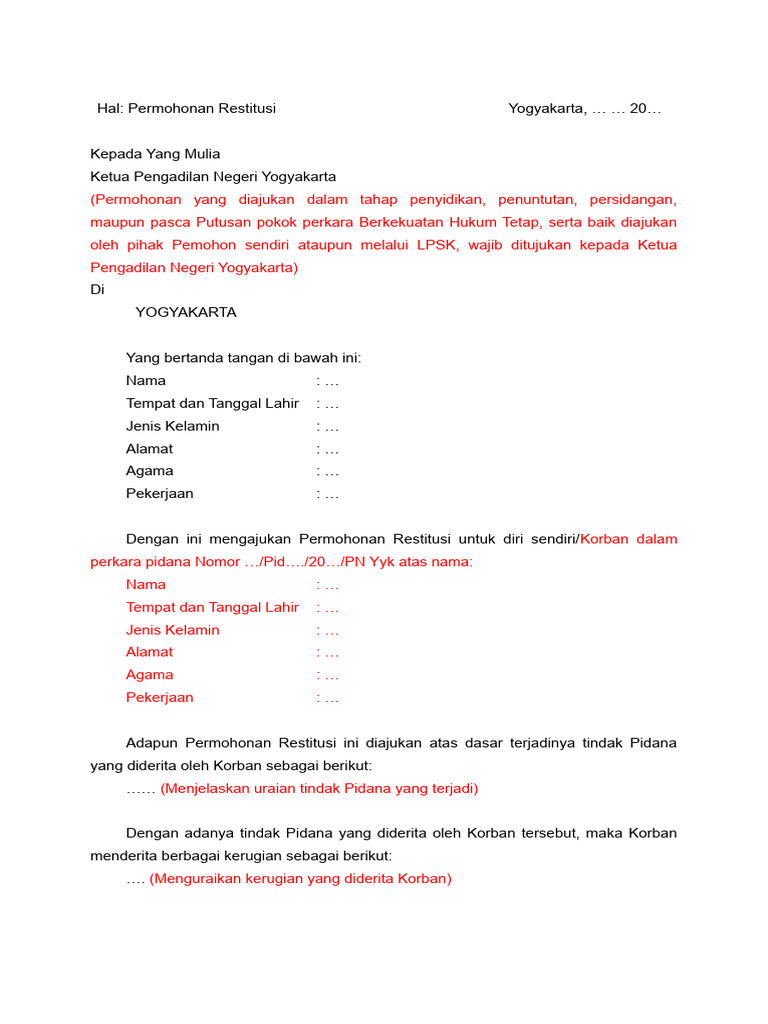 Contoh Draft Permohonan Restitusi | PDF