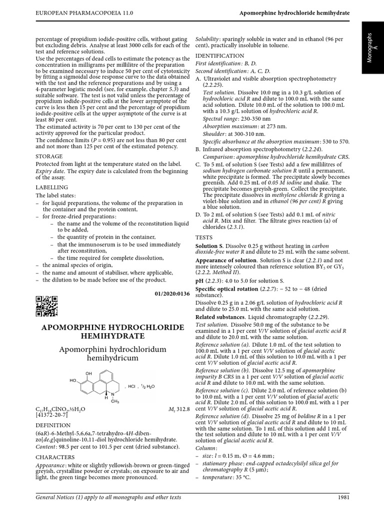 Apomorphine Hydrochloride Hemihydrate | PDF | Solubility | Chromatography