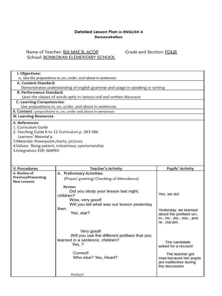 Grade 4 - COT - DLP - Q4 - ENGLISH BY TEACHER ROSEMARIE C. HERNANDO | PDF | Preposition And ...