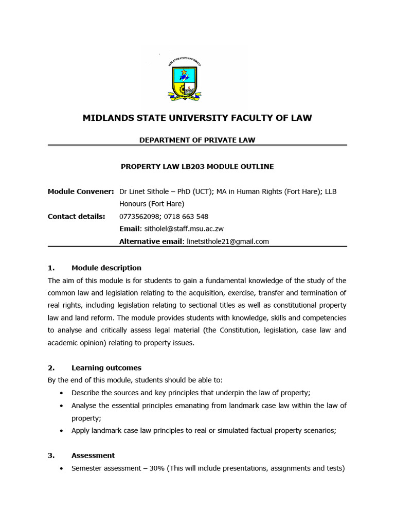 Property Law Course Outline LB203 2024 | PDF | Property | Ownership
