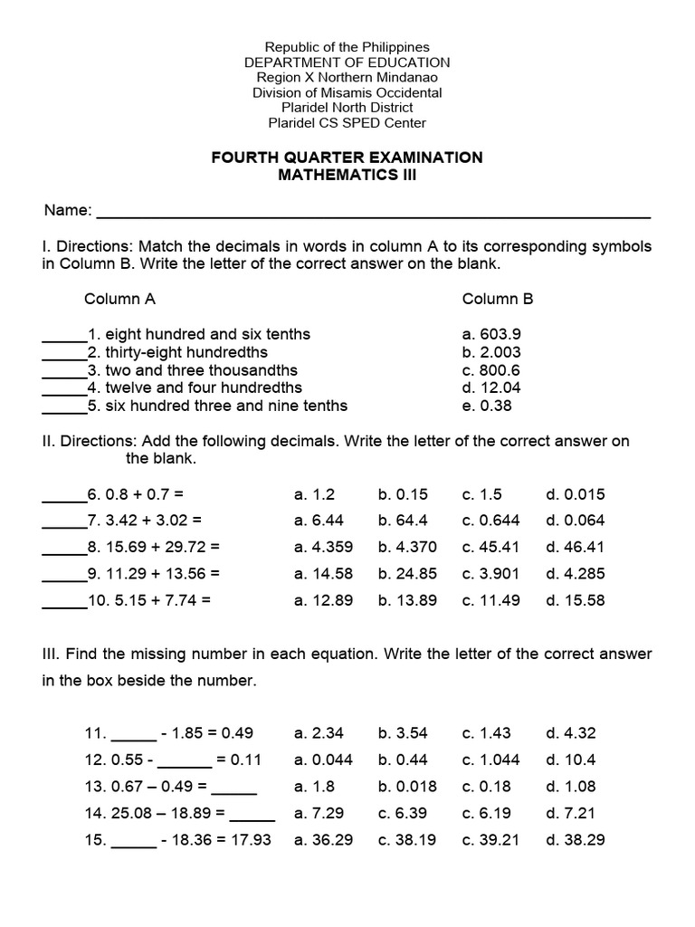 Mathematics 4TH Quarter Test | PDF | Mathematics