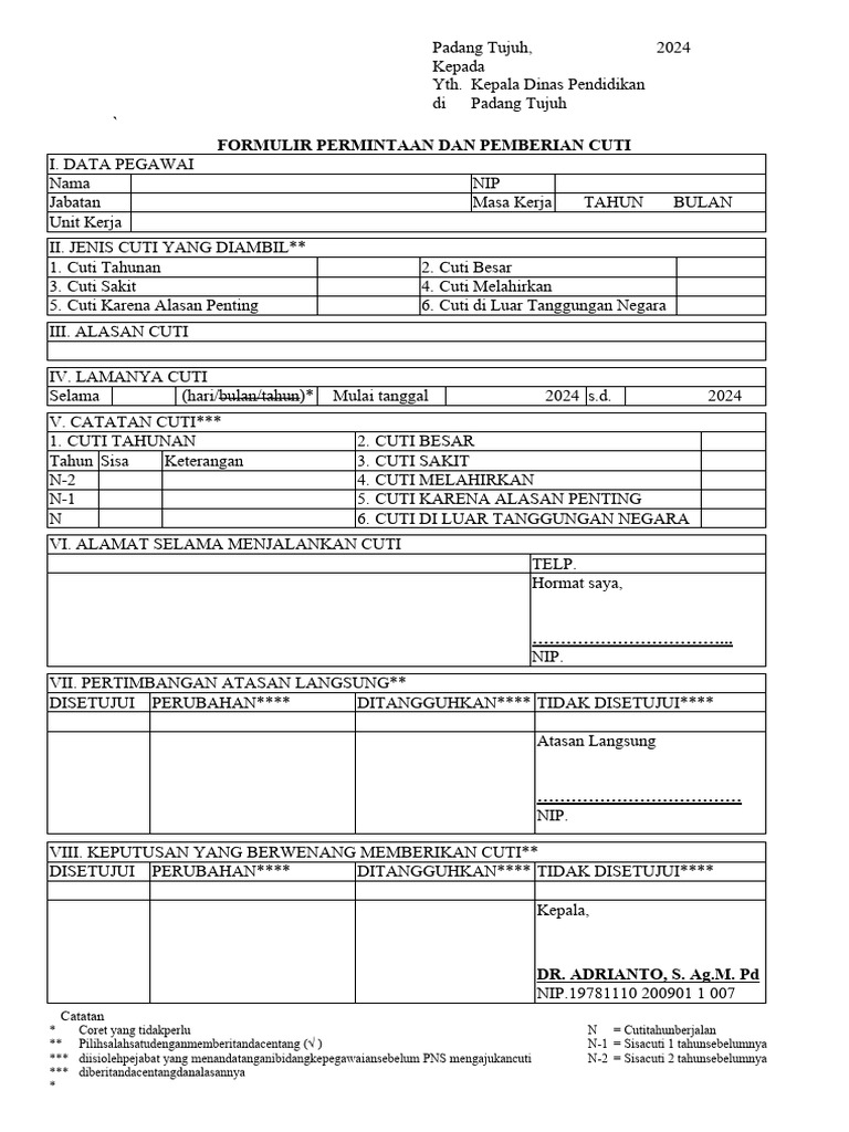 Formulir Cuti Tahunan PNS 2024 | PDF