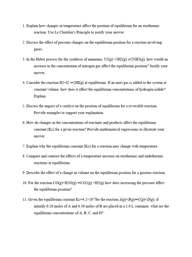 Worksheet On Chemical Equilibrium | PDF | Chemical Equilibrium ...
